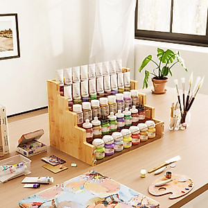 LUMAMU Paint Organizer, 5 Tiers Craft Paint Storage Organizer, Bamboo Paint Holder Organizer for 2oz Paint Tube and Bottles, Paint Storage Rack for Miniature Paints