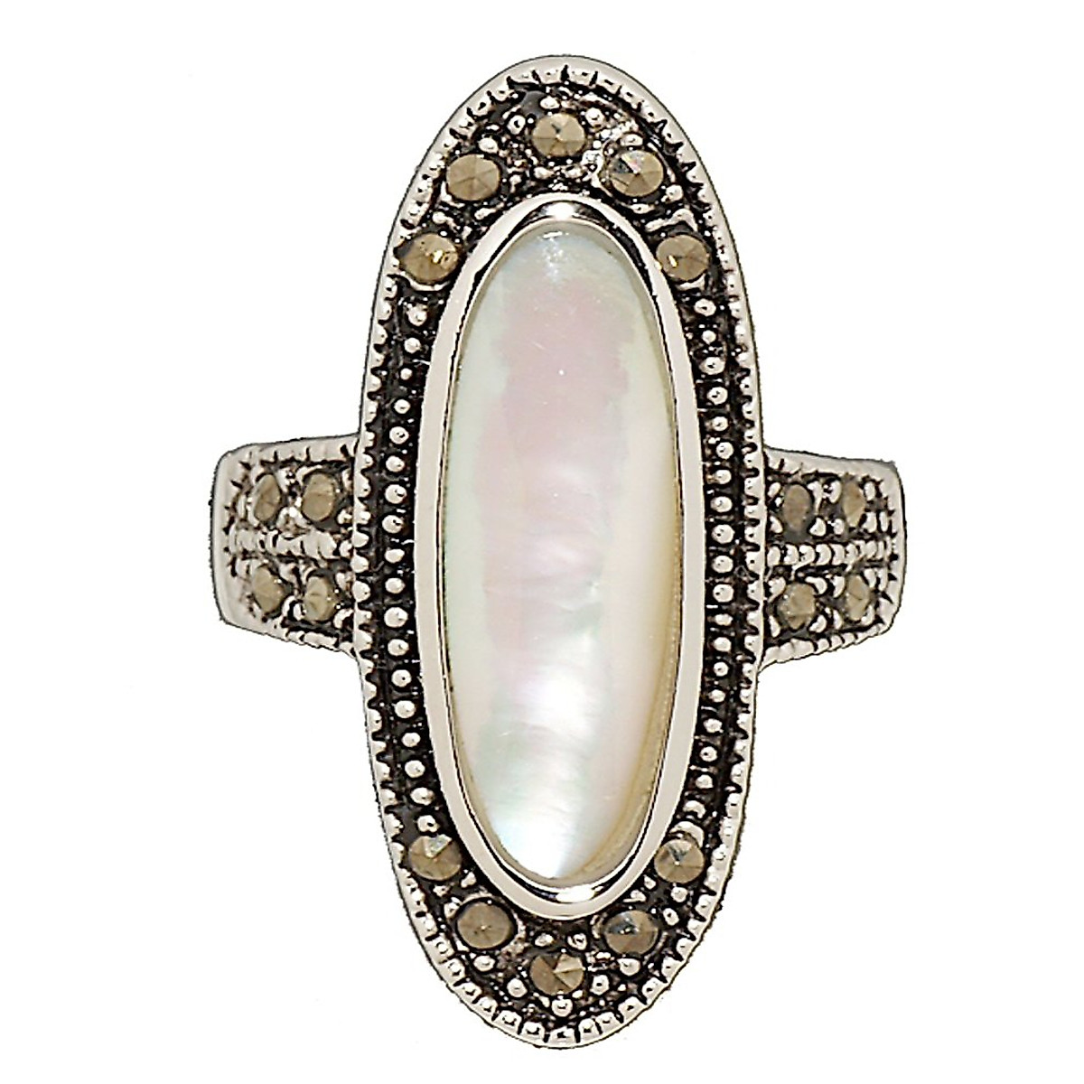 Glamour Rings Genuine Mother of Pearl and Marcasite Statement Ring in Rhodium Size 9