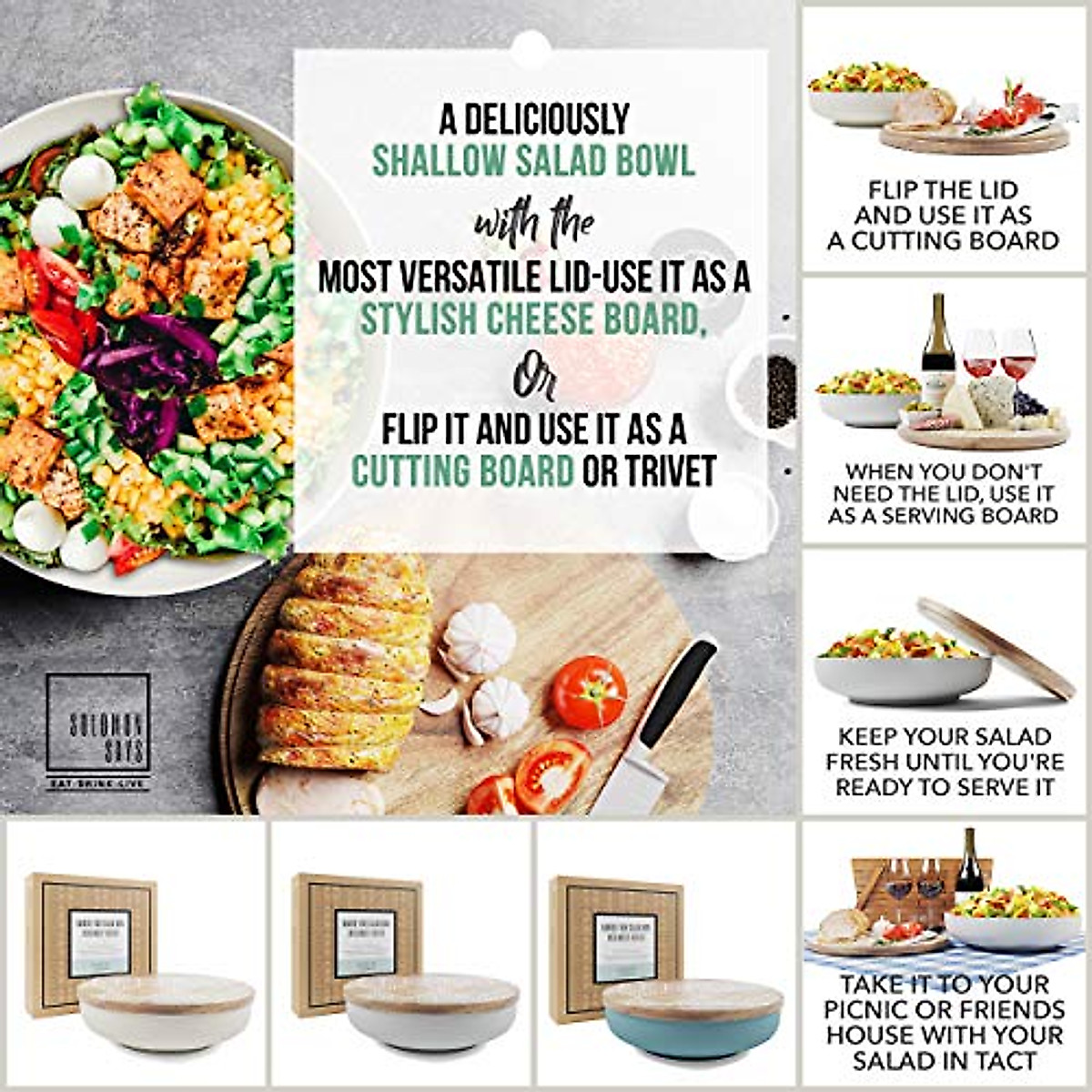 Solomon Says Large Salad Bowl with Lid - 12 Inch Bamboo Fiber Salad Serving Bowl and Acacia Wooden Cutting Board Cover - Bamboo Mixing Bowls for Fruits, Salads, Vegetables and Pasta (Cool Gray)