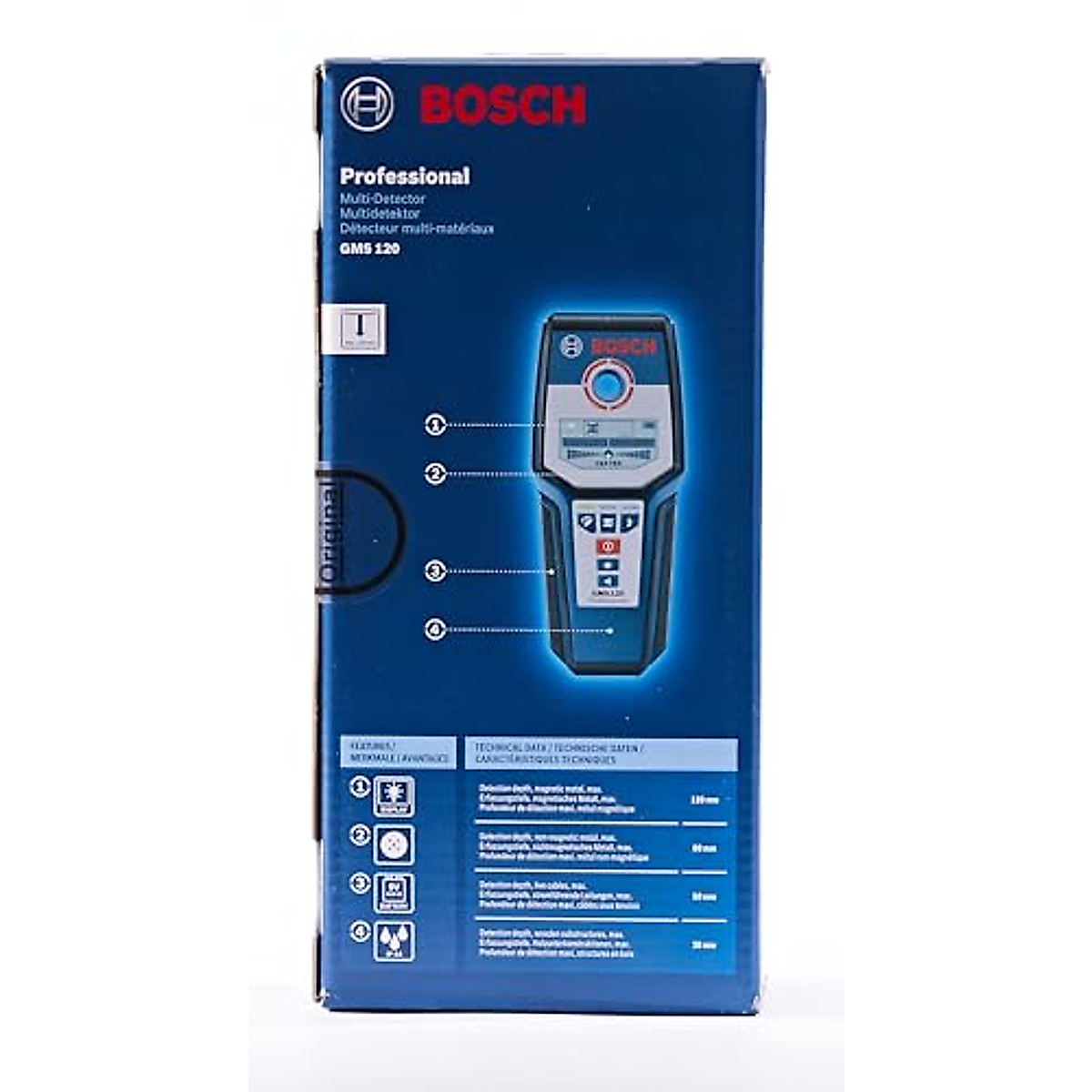 Bosch Professional Stud Finder GMS 120 (Drill Hole Marker, max. Detection Depth Wood/Magnetic Metal/Non-Magnetic Metal/Live Cable: 38/120/80/50 mm, in Cardboard Box) - Amazon Exclusive Set
