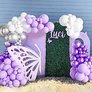 105pcs Purple Silver White Balloon Garland, Different Size Metallic Purple and Sliver Balloons Arch Kit Light Pastel Purple Birthday Balloon for Wedding Engagement Birthday Party Decorations