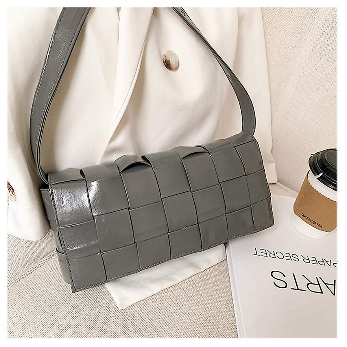 Santwo Women Leather Adjustable Strap Shoulder Bag Mini Small Weave Crossbody Handbag (Grey)