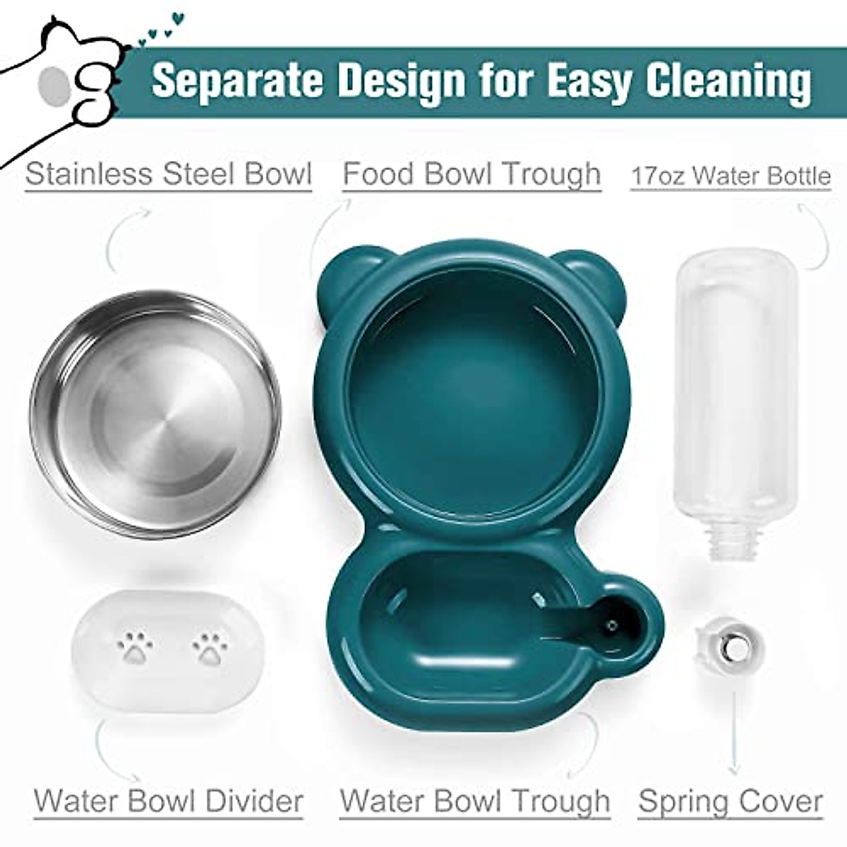 Azwraith Dog Bowls, Cat Food and Water Bowl Set with Water Dispenser and Stainless Steel Bowl for Cats and Small Dogs - Dark Green