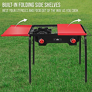 Hike Crew Cast Iron Double-Burner Outdoor Gas Stove | 150,000 BTU Portable Propane-Powered Cooktop with Removable Legs, Temperature Control Knobs, Wind Panels, Hose, Regulator & Storage Carry Case