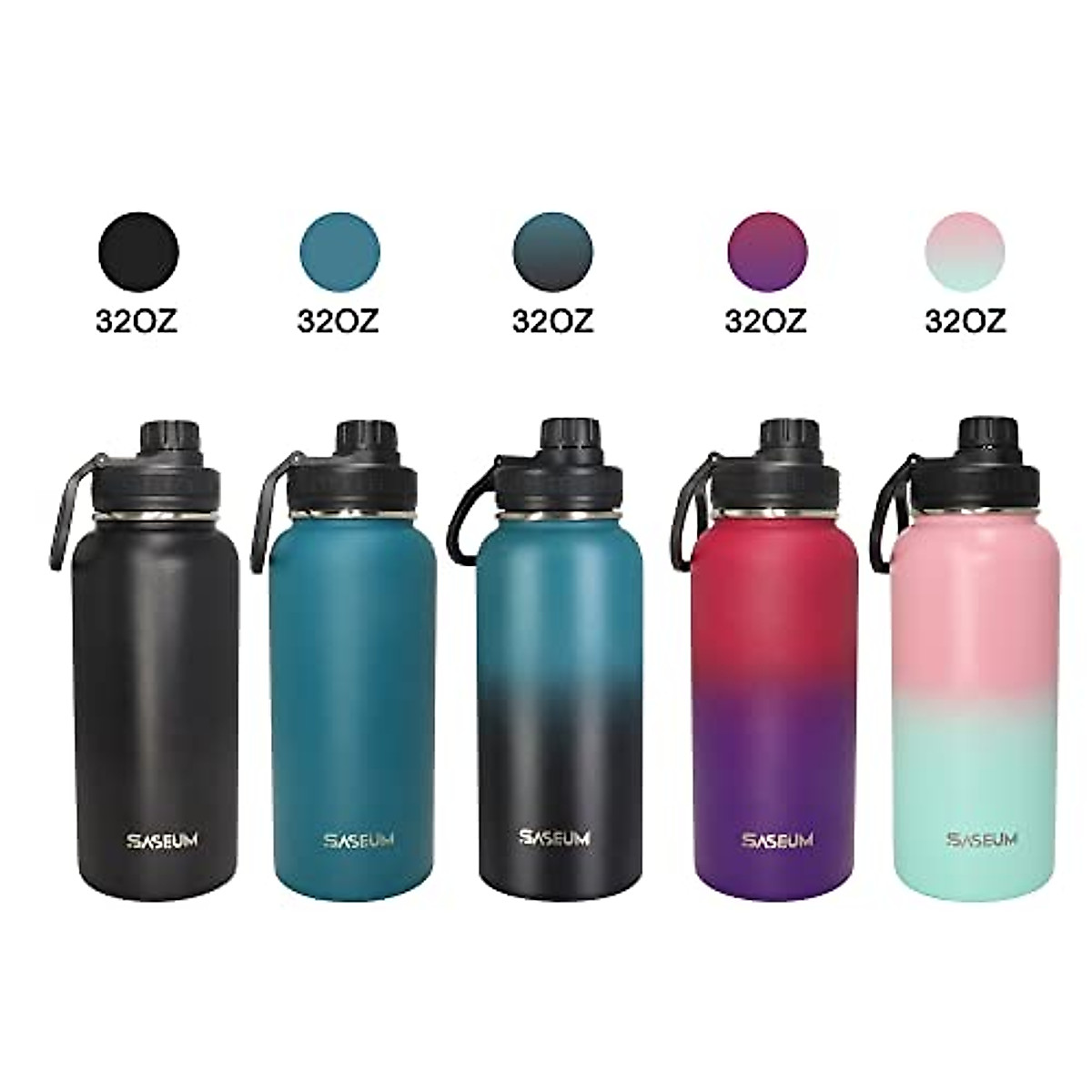 SASEUM Insulated Stainless Steel Water Bottles 32oz with Spout Lids Metal Vacuum Thermal Large Water Jug Leak-proof Reusable Flask for Sports Gym and Travel,Black