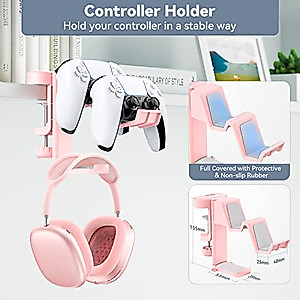 KDD Rotatable Headphone Hanger - 3 in 1 Under Desk Clamp Controller Stand Replaceable Cup Holder - Compatible with Universal Headset, Controller, Cup(Pink)