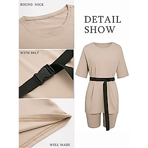 Glamaker Women 2 Piece Outfit sets Casual Oversized T-Shirt Tops Biker Shorts Workout Sport s Tracksuit Khaki Large