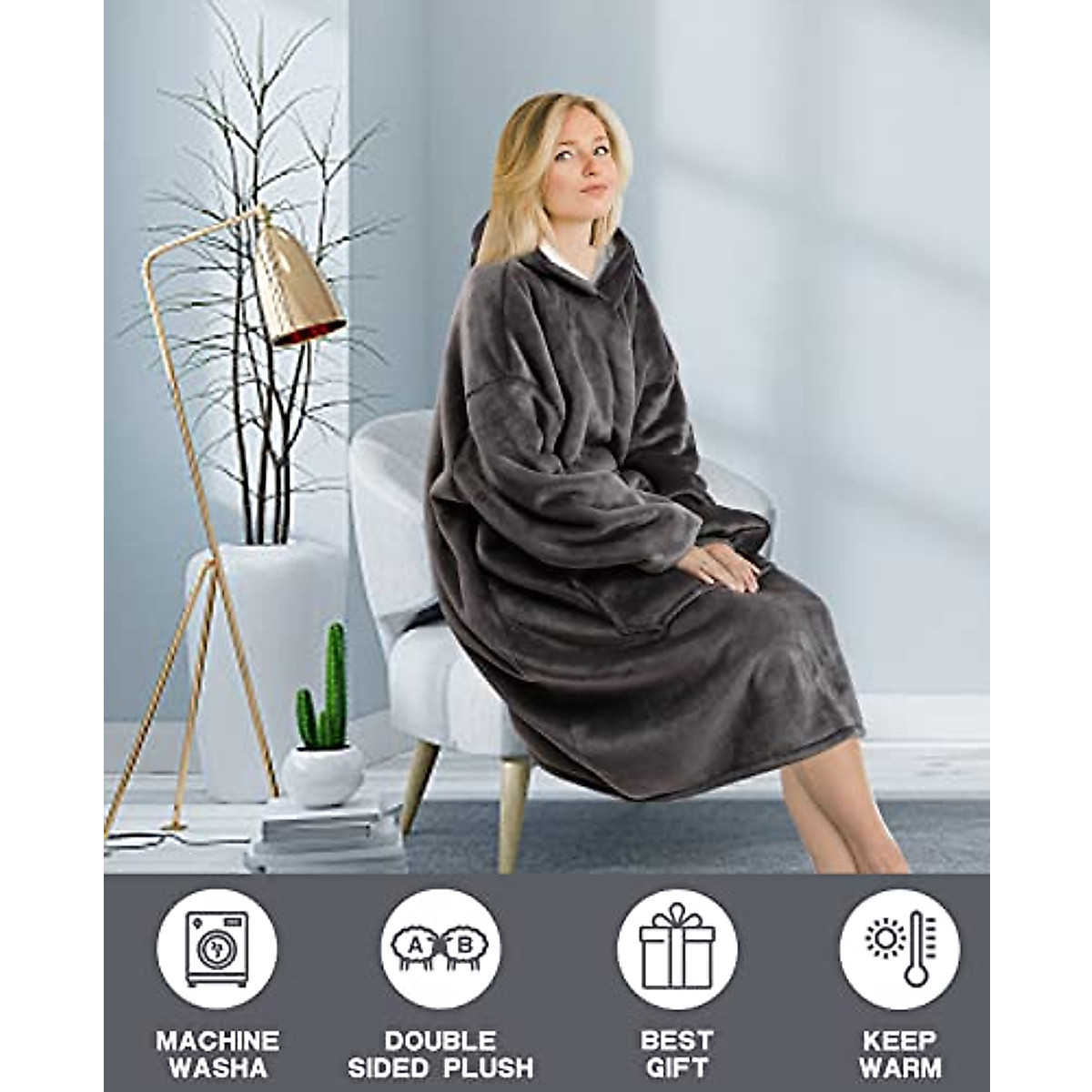 VeMee Wearable Blanket Sweatshirt Super Warm and Cozy Blanket Hoodie for Women with Pocket (Grey, OneSize)