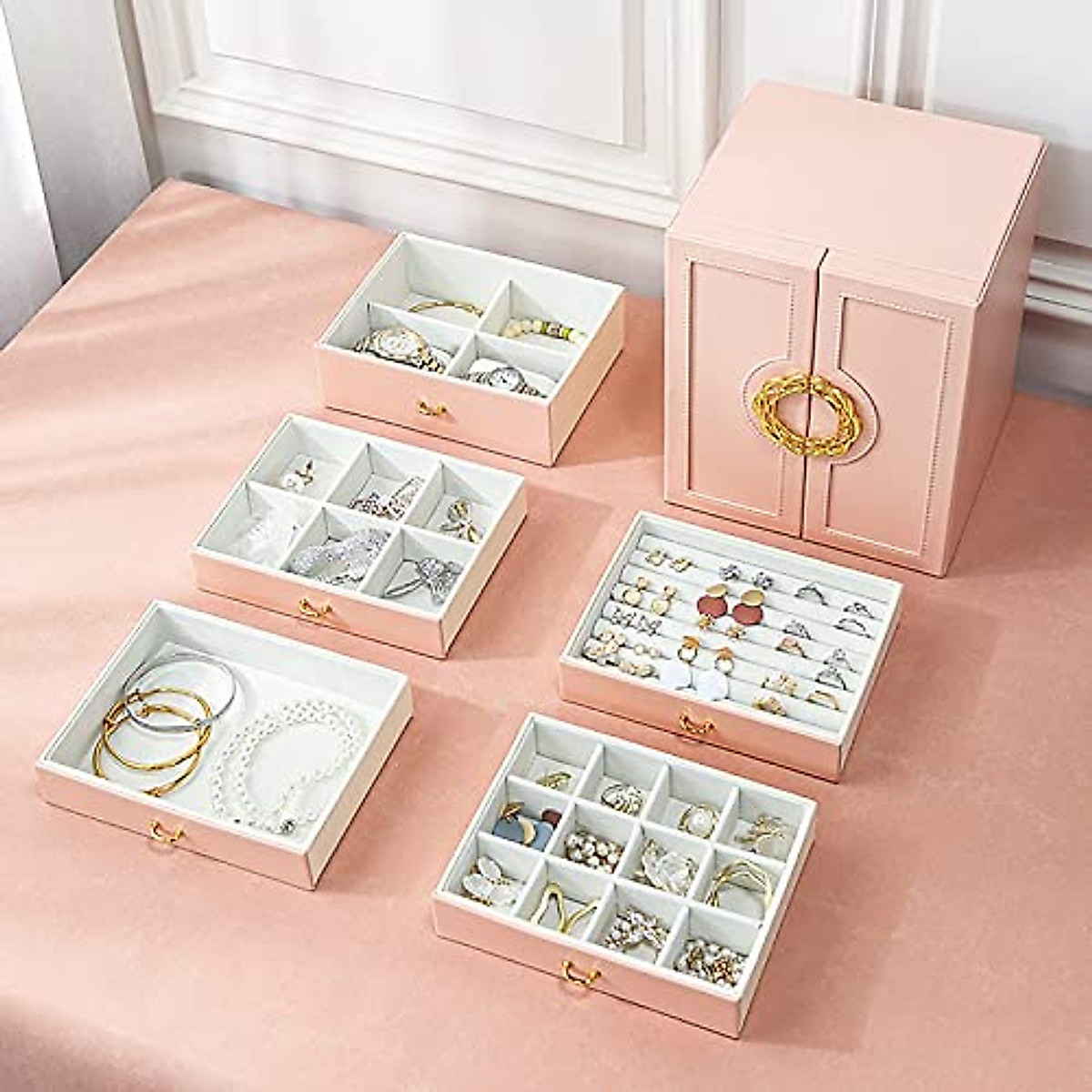 AOSIFIEL Jewelry Boxes Organizers/Case Large Stand up with 5 Drawers Gift for Women Teen Girls Kids Big Jewelry Case/Holder Faux Leather Jewelry Storage/Chest for Necklaces,Earring,Ring,Watch