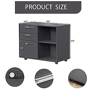 Heliosphere Modern 3 Storage Drawer File Cabinet with Coded Lock, Wood Printer Stand with Open Storage Shelves/Mobile Lateral Filing Cabinet/Easy Assemble for Home Office Bedroom (Dark Gray)