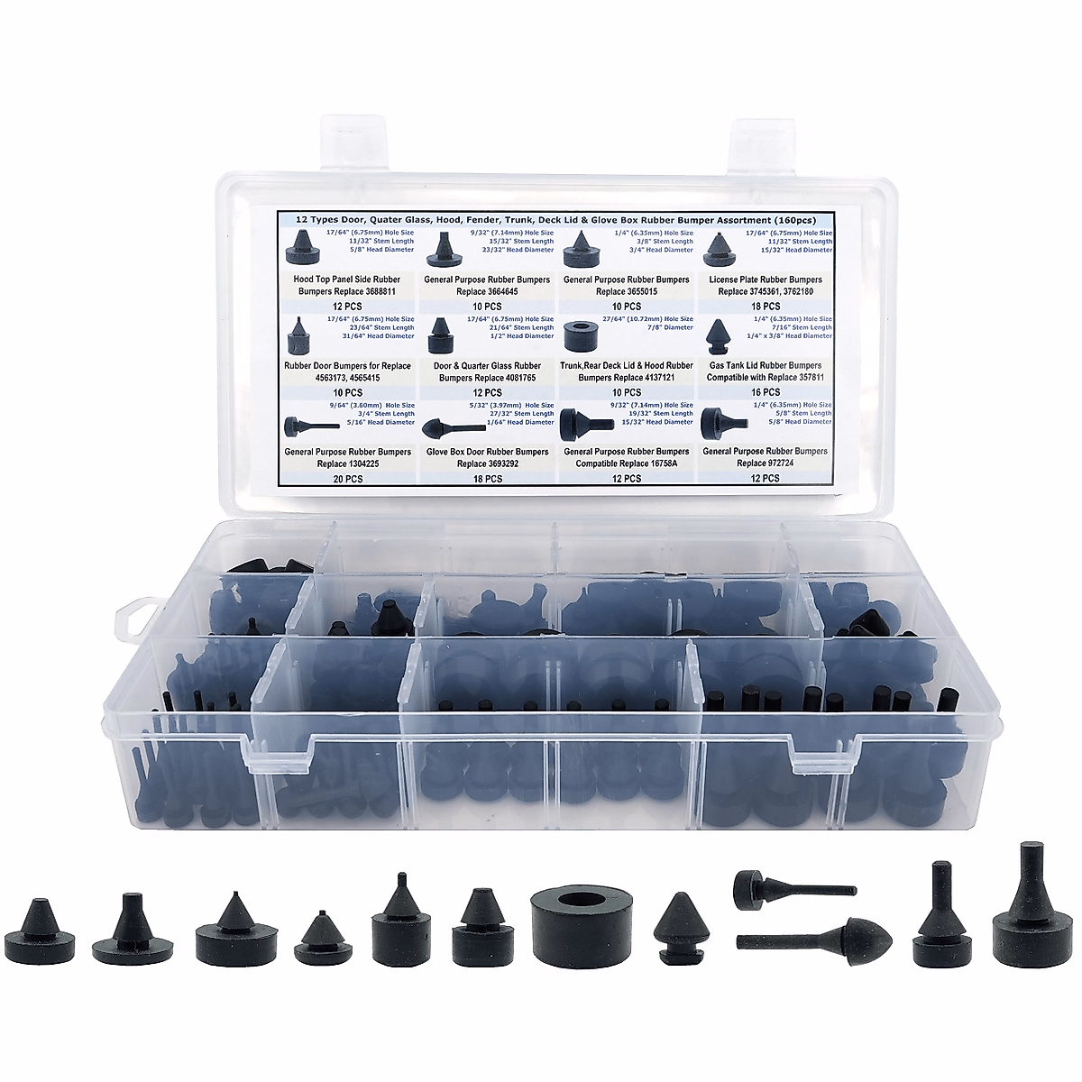 Dsnaduo 160 PCS Black Rubber Bumper Assortment, Automotive Rubber Bumper Stopper, Rubber Stop Bumper Compatible with GM Ford and Chrysler Replace 20030, 8210, fit Many Models