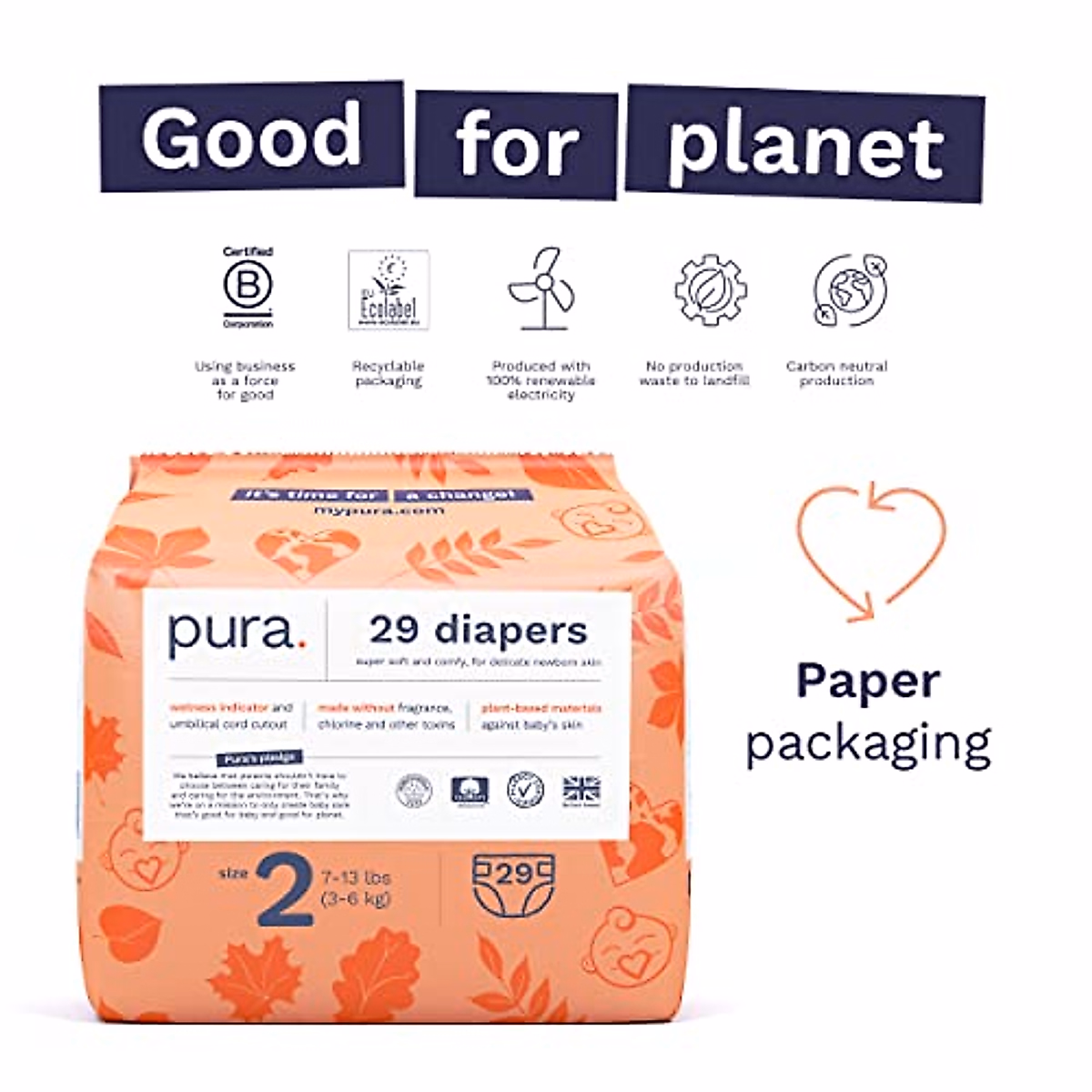 Pura Size 2 Eco-Friendly Diapers (7-13 lbs) Hypoallergenic, Soft Organic Cotton Comfort, Sustainable, Wetness Indictor. Allergy UK, Recyclable Paper Packaging. 3 Packs of 29 Diapers (87 Diapers)