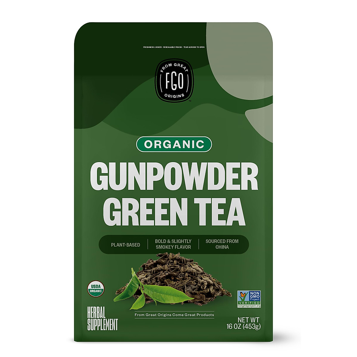 FGO Organic Gunpowder Green Tea, Loose Leaf, 16oz Bulk Resealable Bag, Packaging May Vary (Pack of 1)