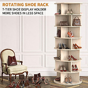 ZORA-KING 7 Tier Rotating Shoe Rack Tower, Solid Wood Spinning Shoe Display Lazy Susan, 360° Revolving Free Standing Shoes Closet Handbag Organizers (67 H* 23.6" W * 23.6" D)