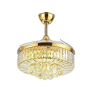 OUKANING Modern Dimmable Crystal Ceiling Fan with Lights and Remote Invisible Retractable Chandelier Fan Light LED Ceiling Light （36 inch） (Golden)