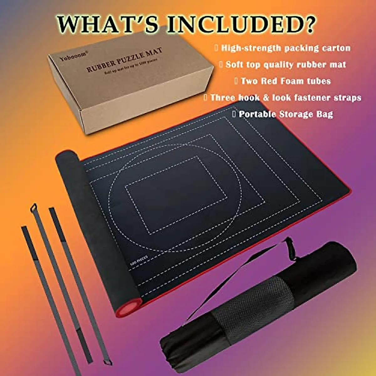 Rubber Jigsaw Puzzle Mat Roll Up Saver Pad Storage Up to 1500 Pieces 46" x 26" Portable Non-Slip Smooth Polyester Top Rubber Bottom Foam Rolling Tube with Storage Bag, 3 Hook & Loop Fastener Straps