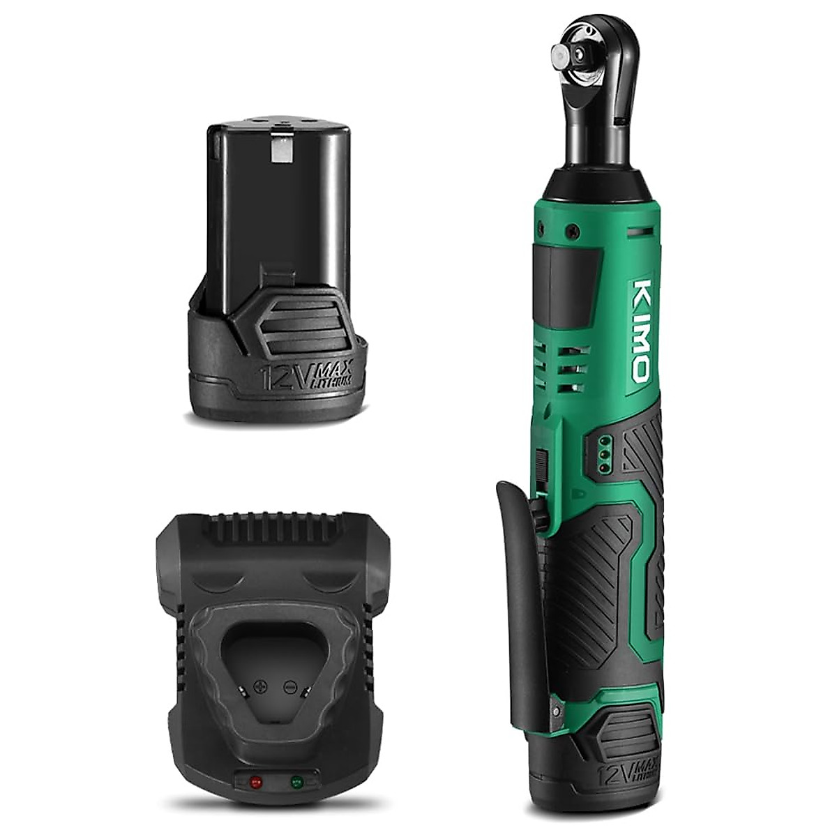 KIMO Cordless Electric Ratchet Wrench Set, 40 Ft-lbs, 400 RPM, 3/8" 12V Cordless Ratchet Kit w/ 60-Min Fast Charge, Variable Speed Trigger, 2.0Ah Lithium-Ion Battery (1 Battery)