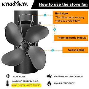 Wood Stove Fan, Heat Powered 4 Blades Hanging Stove Fan, Silent Flue Pipe Hanging Fireplace Fan with Stove Thermometer for Wood/Log Burner/Fireplace, Eco Friendly Efficiently Fireplace Fan, Black