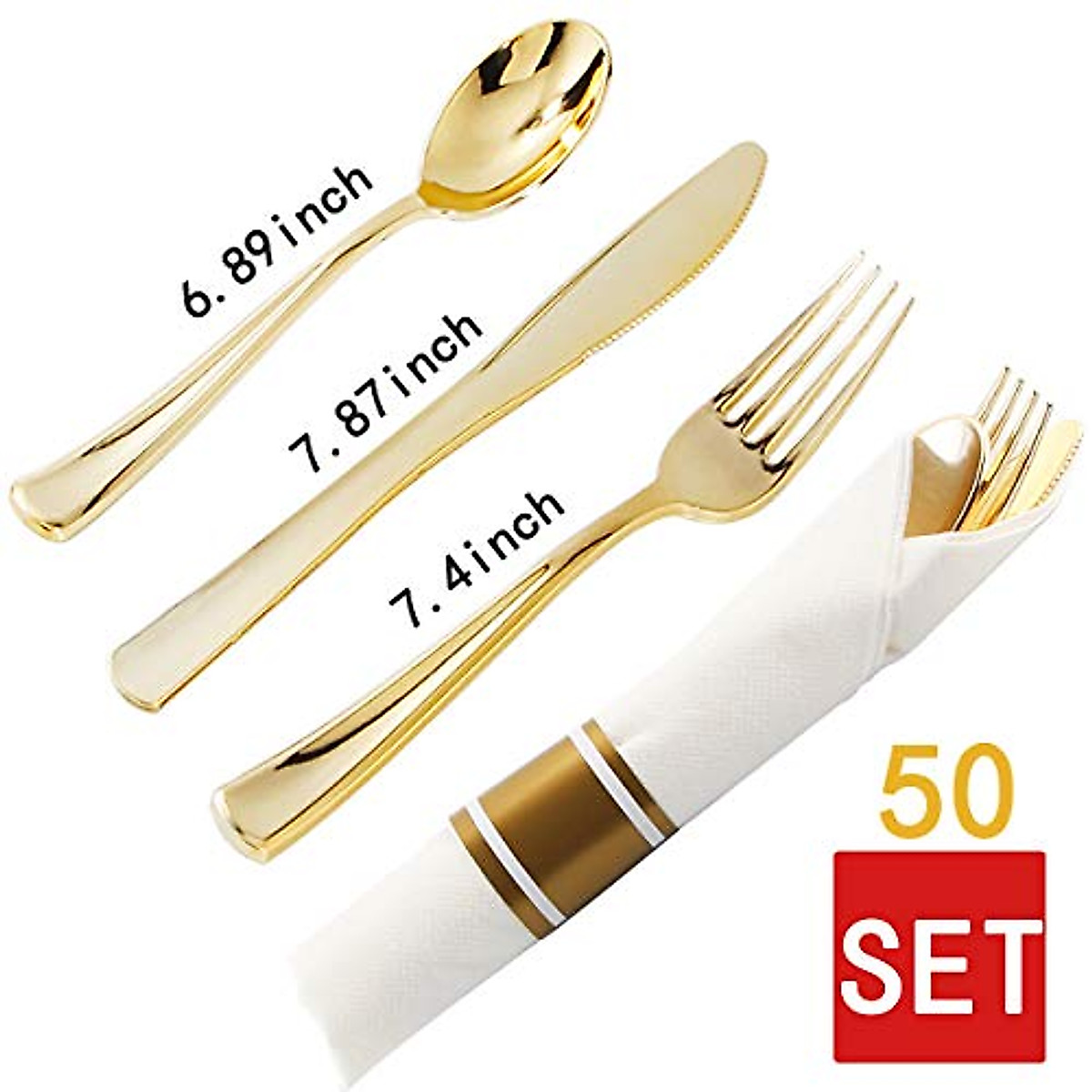 WELLIFE 350 Pieces Gold Plastic Plates with Disposable Silverware and Cups, Include: 50 Dinner Plates 10.25”, 50 Dessert Plates 7.5”, 50 Gold Rim Cups 9 OZ, 50 Gold Cutlery