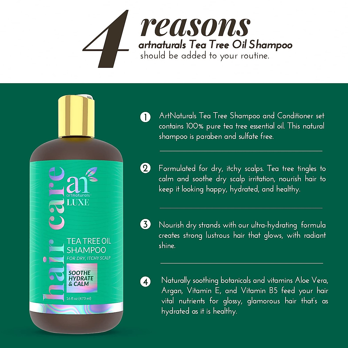 Artnaturals LUXE Tea Tree Shampoo - (16 Fl Oz / 473ml) - Sulfate Free – Made with 100% Pure Therapeutic Grade Tea Tree Essential Oil for Dandruff and Itchy Scalp