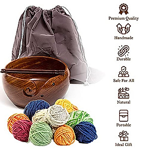 Eunoia Wooden Yarn Bowl Holder | Handmade Knitting Wool Storage Basket with holes for Knitting, Crocheting, Home & Garden Arts, Crafts & Sewing | Free Wood Crochet Hook & Travel Bag - 7" x 4"