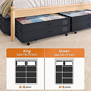EnHomee Under Bed Storage with Wheels Underbed Storage with Wheels Under Bed Storage Containers with Clear Windows 134 QT Double Layer Large Capacity Under Bed Storage with Sturdy Handle (Black 2Pcs