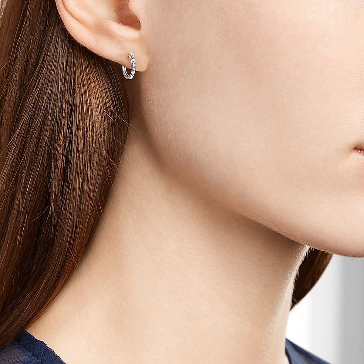 Carleen 14K Solid White Gold 0.2cttw Diamond Hoop Earrings Round Cut Small Tiny Cute Huggie Hinged Cartilage Hoop Earrings Fine Jewelry For Women, Diameter 3/5 inch (Color I-J,Clarity SI)