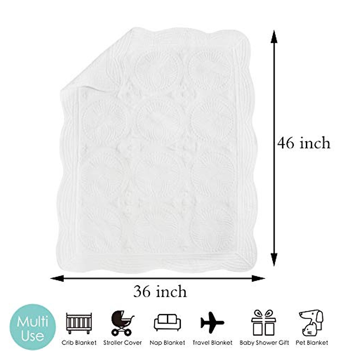 MONOBLANKS Baby Quilt Personlized Monogram Lightweight Embossed Scalloped Throw Blanket Four Seasons (White)