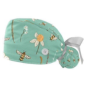 Bees and Daisy Flowers Working Caps with Buttons, Long Hair Scrub Hats Ponytail Holder for Women