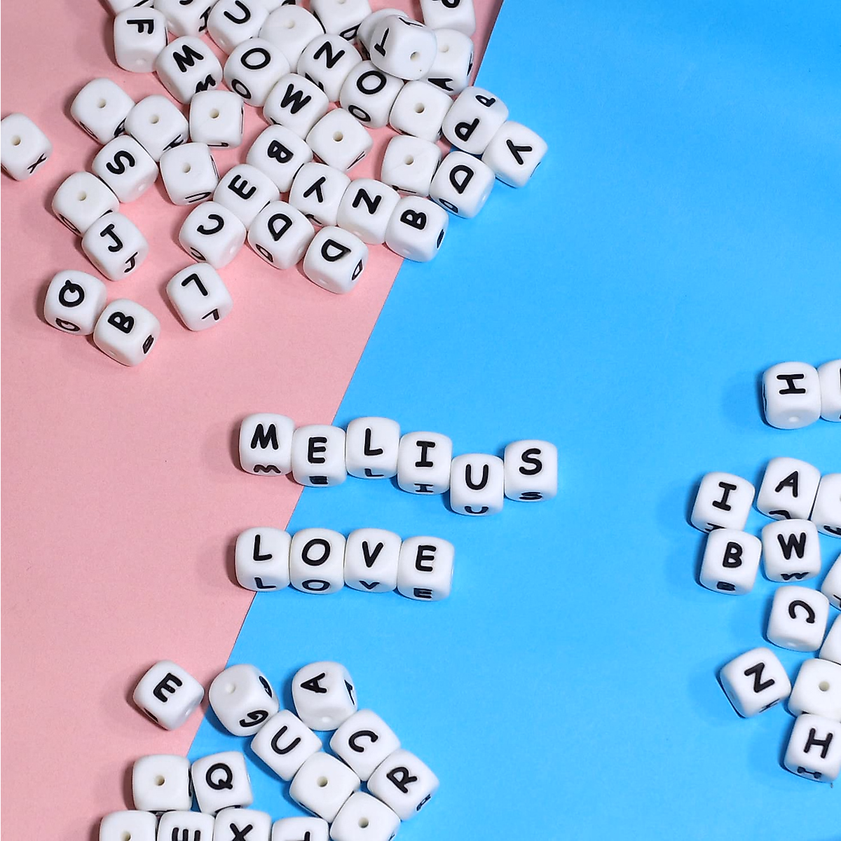 Melius 110Pcs Silicone Letter Beads 12mm A-Z (Extra for Vowel Letter) Even and Accurate Square Letters Beads for Bracelet Stethers Key Chains Necklace Lanyards (White)