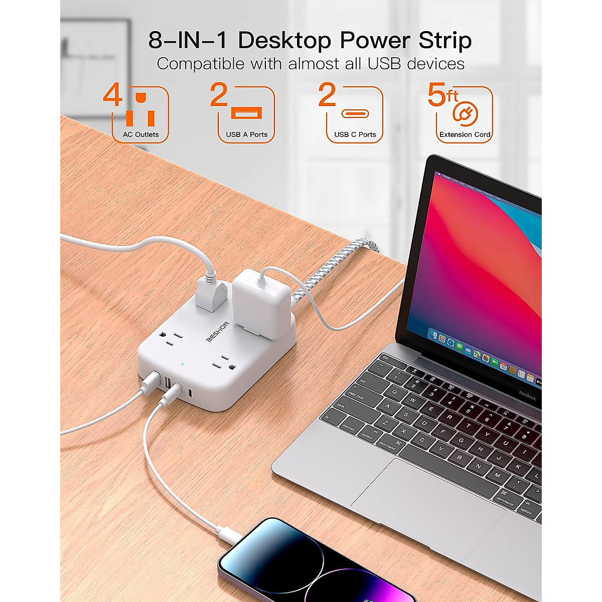 Surge Protector Power Strip with 2 USB C - 5 Ft Flat Extension Cord Flat Plug Power Strip, 4 Widely Outlets and 4 USB Charging Ports, Outlet Extender, 900 Joules, for Home Office Dorm Room Essentials