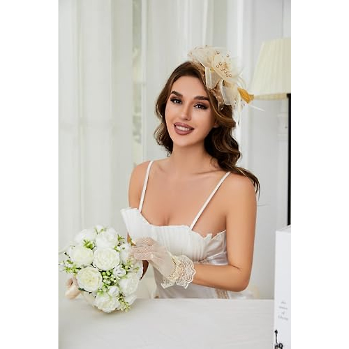 GurZinn Fascinator Hat Veil Kentucky Derby Hat Tea Party Bridal Wedding Veil Pillbox Hat and Lace Bowknot Gloves for Women