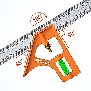 Mecurate 12“ Combination Square, 12 Inch 300mm Stainless Steel Combo Square for Accurate and Adjustable Woodworking Measurement with 2pcs Carpentery Pencils (12 inch)