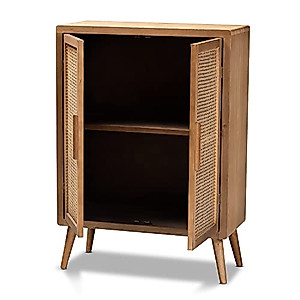 Baxton Studio Mid-Century Brown Oak Finished Wood and Rattan Storage Cabinet