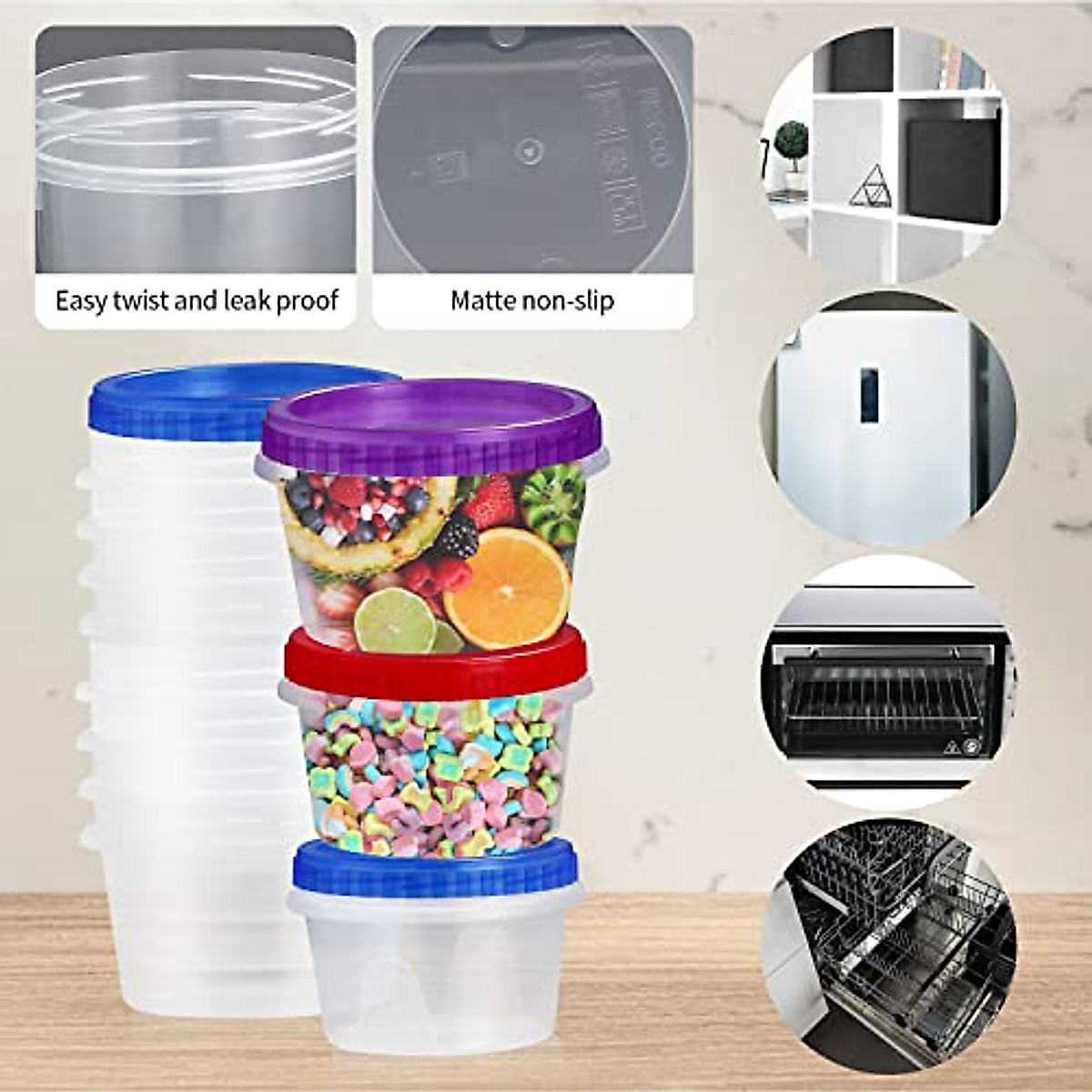 24 Pack 16oz Twist Top Containers with 2 Rolls Freezer Labels Twist Cap Deli Containers Porridge Dessert Containers with Screw Lids 4 Color Small Top Screw on Lids Jam Containers for Snacks Fruit Leftovers