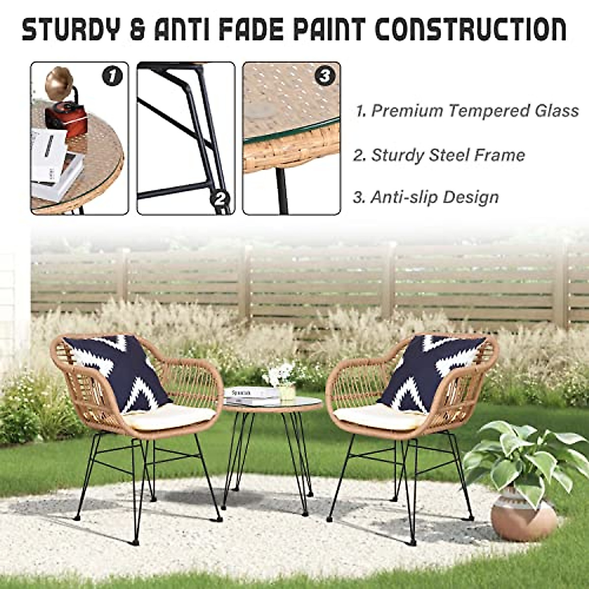 PAOLFOX 3 Piece Patio Set,Outdoor Bistro Set,Balcony Furniture,Wicker Patio Chairs,Patio Furniture,Backyard Furniture,Front Porch Furniture,Outdoor Chairs Set of 2