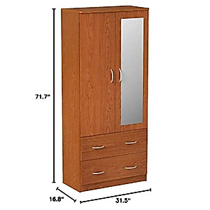 Hodedah Two Door Wardrobe with Two Drawers and Hanging Rod plus Mirror, Cherry