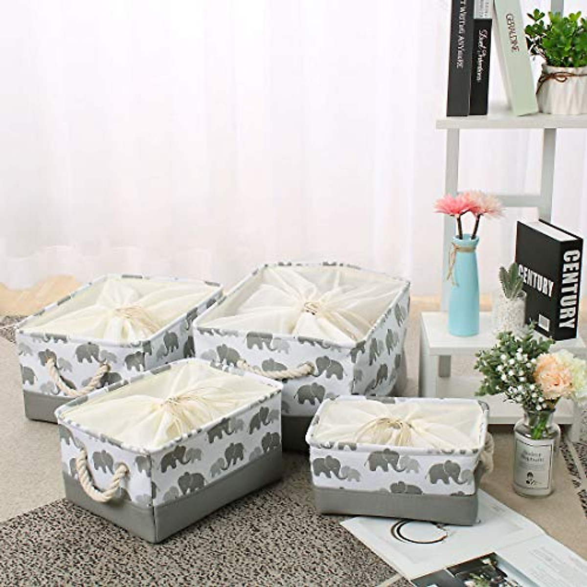 uxcell Storage Basket Bin with Cotton Handles, Fabric Storage with Drawstring Closure for Clothes Towel Toys Organizer,Laundry Basket for Home Shelves Closet Gray Medium