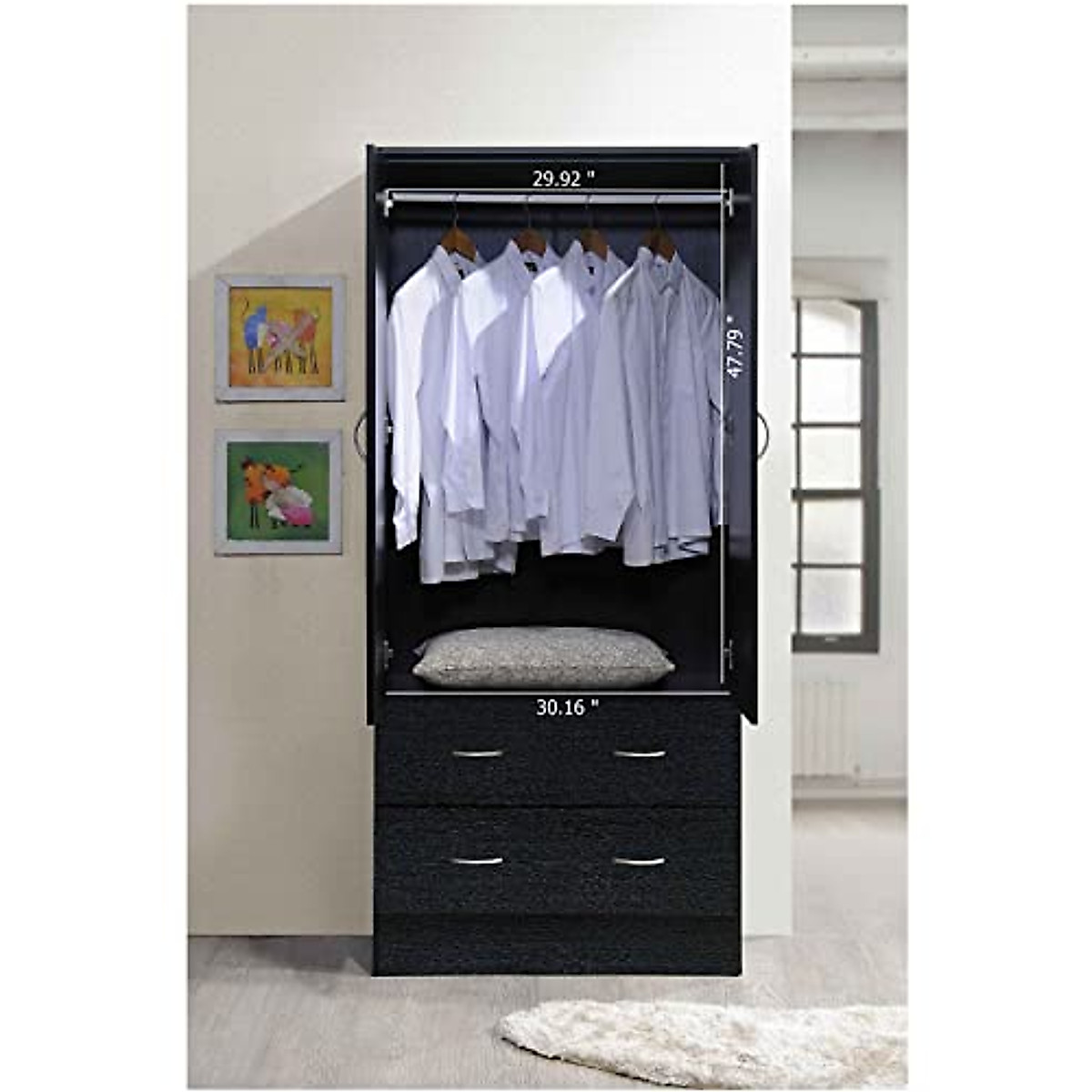 HODEDAH IMPORT Two Door Wardrobe, with Two Drawers, and Hanging Rod, Black