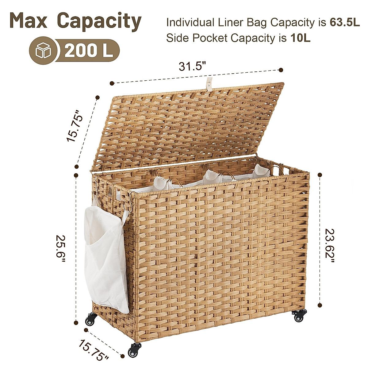 Laundry Hamper with Wheels, 52.8 Gallon(200L) Rolling Laundry Basket with Lid, 3-Section Rattan Clothes Hamper with 3 Removable Liner & 3 Mesh Laundry Bags, Laundry Sorter with Side Pocket, Natural