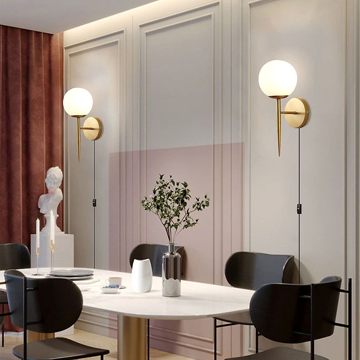 BOKT Modern Small 20-Lights LED Sputnik Chandelier Brushed Brass Gold Sputnik Chandelier Mid Century Modern Globe Wall Sconce Set of Two Plug in Cord Brushed Gold Bathroom Wall Sconce Light