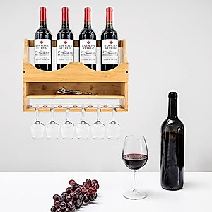 Utoplike Wall Mounted Wine Rack with Glass Holder, Wall Wine Glass Bottle Racks, Bamboo Hanging Bottle Holder Storage for Kitchen, Dining Room, Bar