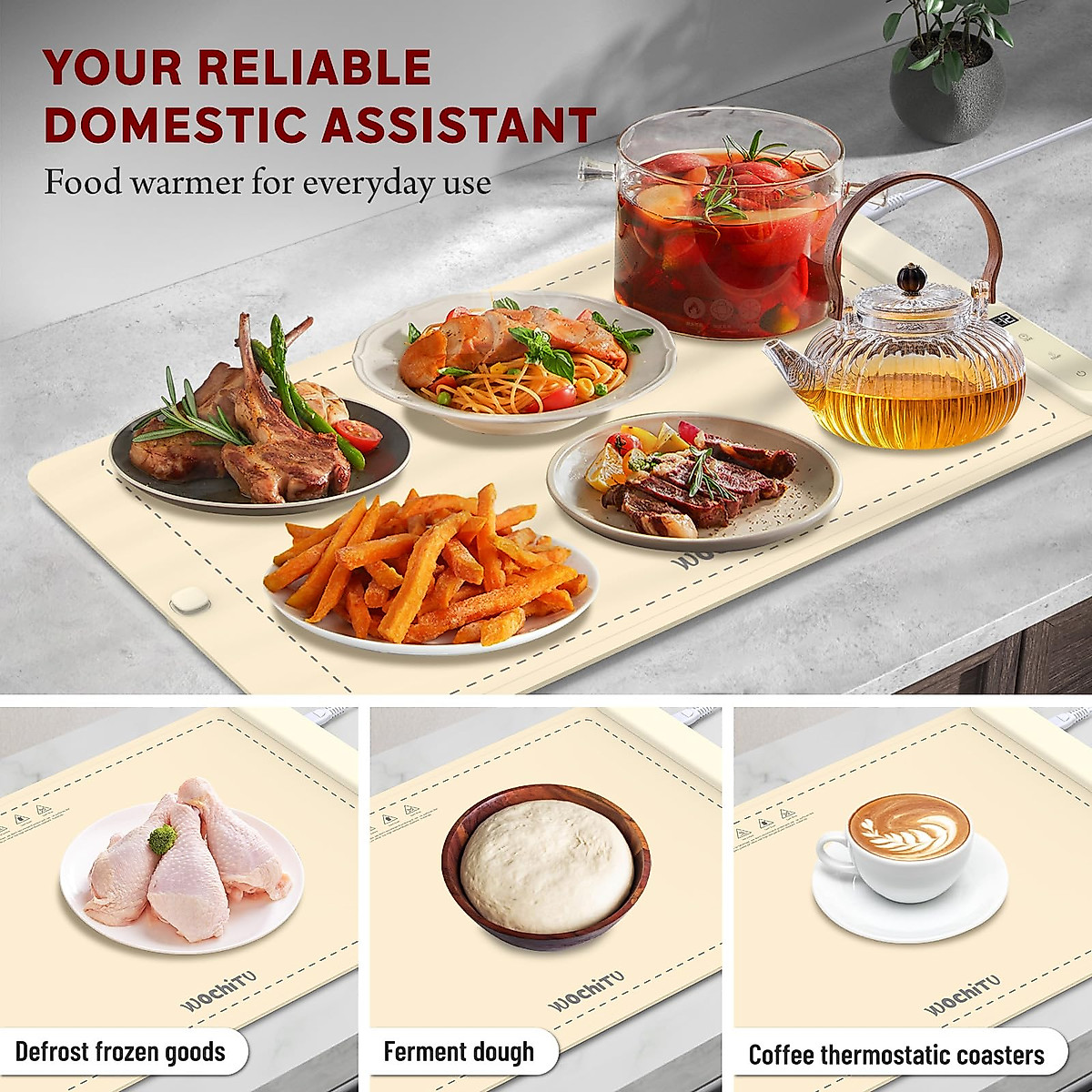 Food Warming Mat WochiTV Electric Warming Tray with 6 Level Temperature Control and 6 Hours Timer Extra Large Food Warmer Perfect for Parties Gatherings Buffet (Beige)