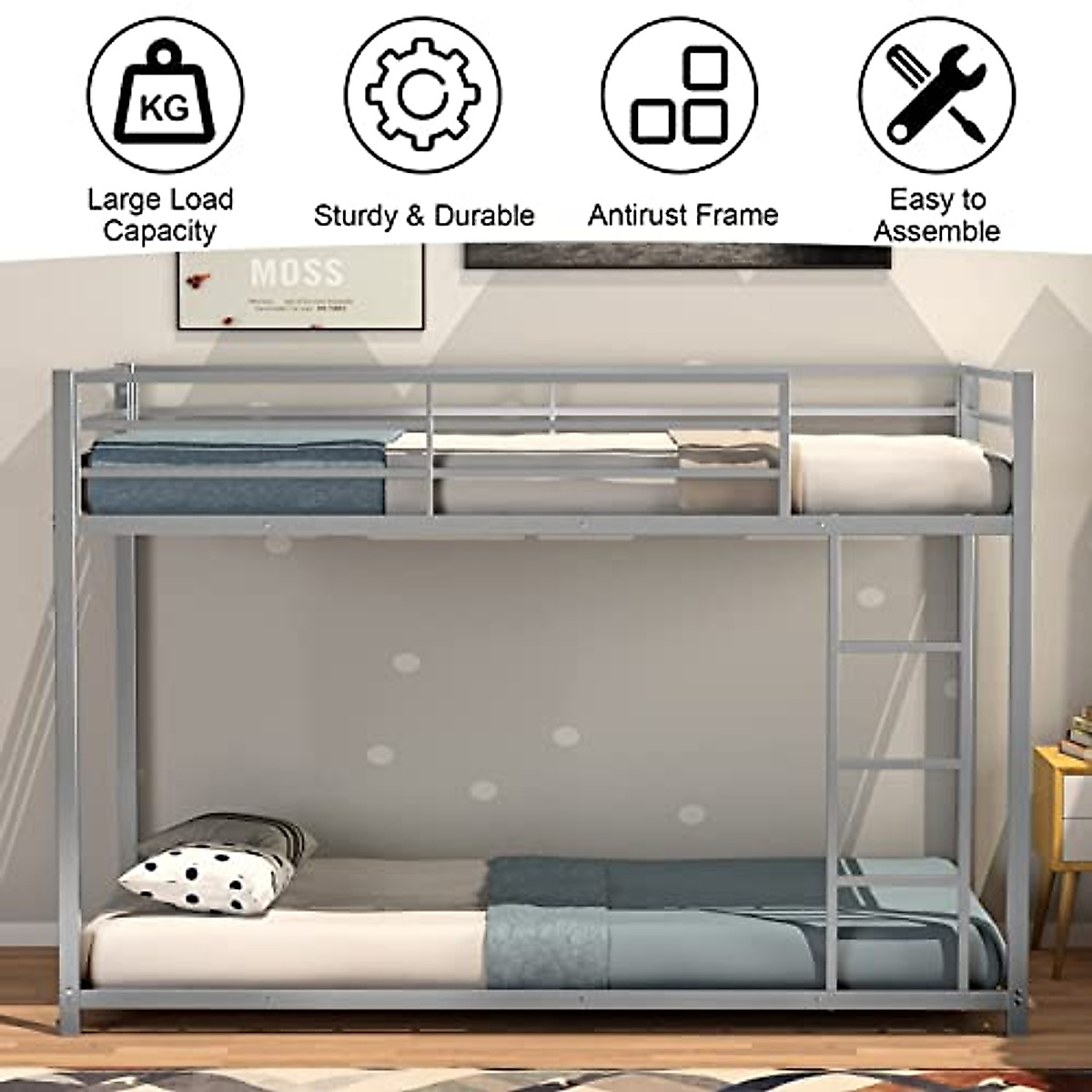DORTALA Bunk Bed Twin Over Twin, Twin Bunk Beds w/Guardrail & Ladder, Metal Bunk Bed for Dormitory & Multiple-Child Family, Twin Bunk Beds for Toddler, Kids, Silver