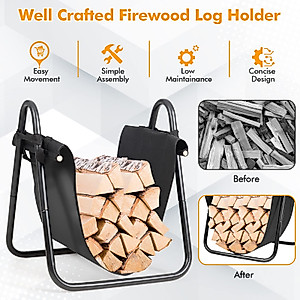 Tangkula Firewood Rack Holder with Canvas Carrier, Firewood Logs Stacker Basket for Indoor or Outdoor Use, Storage Stacker with Heavy-Duty Metal Frame, Kindling Wood Stove Accessories w/Handle
