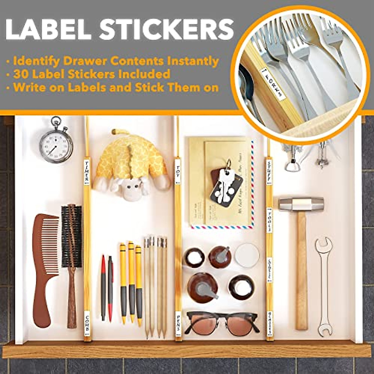 SpaceAid Bamboo Drawer Dividers with Labels, Kitchen Adjustable Drawer Organizers, Expandable Organization for Home, Office, Dressers and Bathroom, 6 Dividers (13.25-17 in)