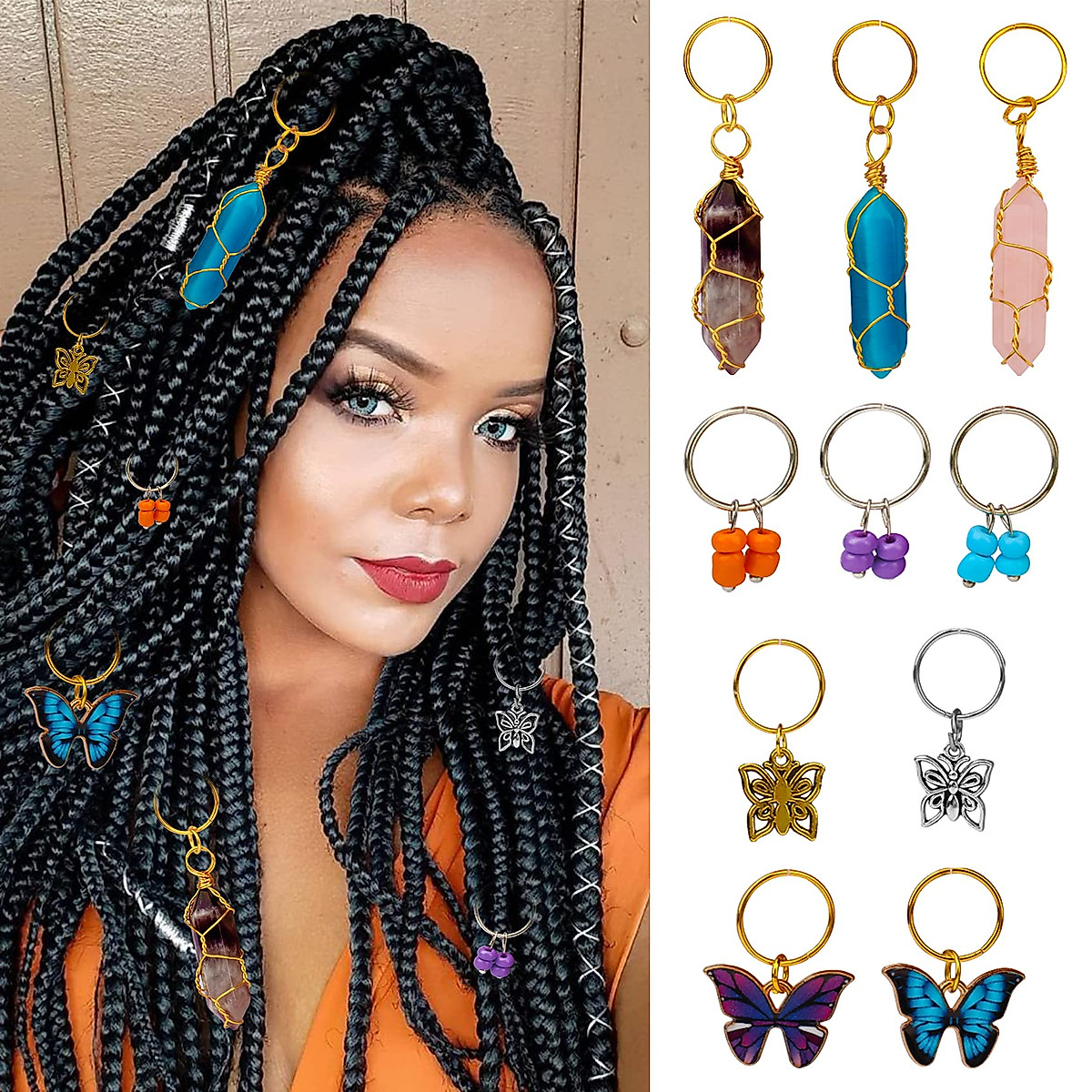 Loc Jewelry for Dreadlocks - Handmade Wire Wrapped Natural Crystal Adornment - Butterfly Hair Rings, Hair Charms, Coil Cuffs for Women, Girls, Men