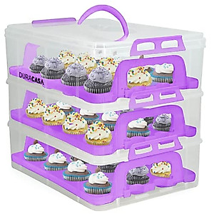DuraCasa Cupcake Carrier | Premium Upgraded Model Holds Cupcakes Steadier | Stacking Cupcake Storage Container | Use 1, 2, or 3 Tiers (Purple)