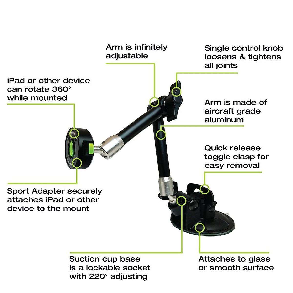 MYGOFLIGHT Flex Suction Cup Articulated Arm Sport Mount and Universal Cradle Kit for Any 7”-11” iPad Mini Air Pro Android Tablet PC for Airplane Car RV Truck Boat Window Mounting