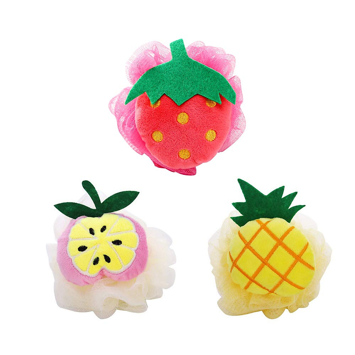 3 Pack Shower Sponge Poufs/Mesh Bath Loofahs Ball, Body Cleaning Washing Scrubber / 2 in 1 Cute Fruits Shaped Bathroom Bubbler Accessory for Dry Skin Exfoliating, Cellulite, Massage